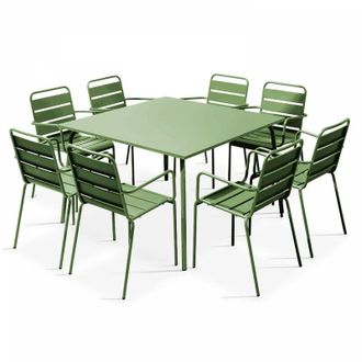 Oviala Ensemble table de jardin carr&eacute;e et 8 fauteuils en m&eacute;tal vert cactus - Palavas