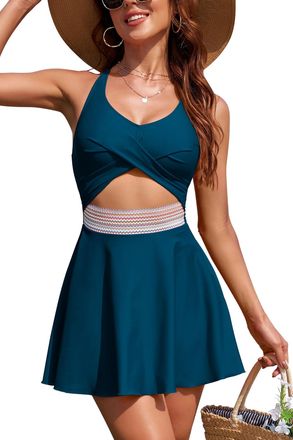 SHEKINI Damen Einteiliger Badeanzug Badeanzugkleid Elegant Ruched Badekleid Einteilige Schwimmanzug(Gr&uuml;n,XXL)