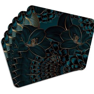 MG Design Set aus 6 Kork-Platzsets - Golden Florals - 30 x 40 cm - hitzebest&auml;ndig & abwischbar, mit Korkr&uuml;ckseite