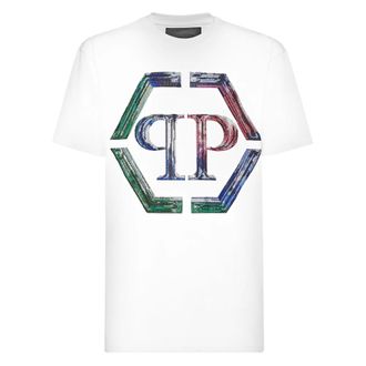Philipp Plein Homme, Tops, Blanc, Taille: 3XL T-Shirt Col Rond Hexagon