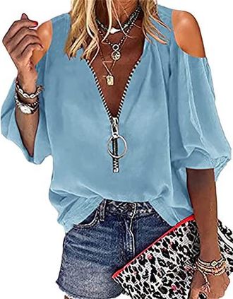 Onsoyours Chemisier Femme &Eacute;t&eacute; &Eacute;l&eacute;gant Manche 3/4 Fermeture &Eacute;clair Col V Blouse Couleur Unie L&acirc;che Imprim&eacute; Chemise Chic Tops Shirt 2 Bleu 44