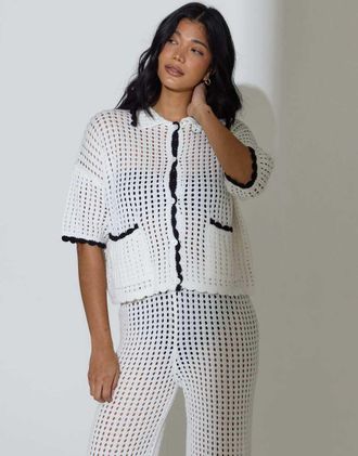 South Beach Chemise &agrave; manches courtes boutonn&eacute;e en maille crochet&eacute;e - Blanc