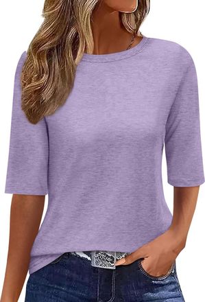 Minetom T-Shirt Damen Halbarm Rundhals Tshirt Sommer Einfarbig Oberteil Basic Shirts A Violett XXL