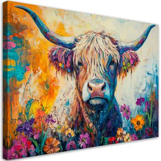 Feeby Wandbild - Wohnzimmer Modern Deko - Farbige Schottische Kuh Blumen - 60x40 cm 1tlg - Bilder Leinwand - Bild auf Leinwand Schlafzimmer - Leinwandbilder