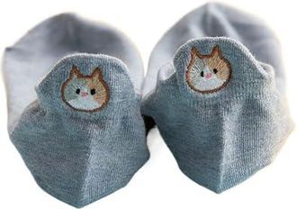 Generico Chaussettes de cheville avec broderie chat de dessin anim&eacute;, chaussettes d&eacute;collet&eacute;es pour femme, 5 paires bleues, Taille Unique