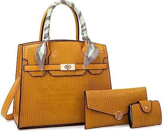 Generic Sac à bandoulière pour femme avec poignée sur le dessus, motif crocodile, sac à main en cuir, sacoche fourre-tout avec pochette 3 pièces, jaune, Large