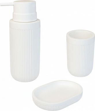 Relaxdays Bad Accessoires, 3-teilig, Seifenschale, Seifenspender, Zahnputzbecher, Polyresin, Bad Zubeh&ouml;r Set, wei&szlig;