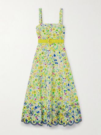 Saloni Aubrey B Midikleid Aus Baumwolle Mit Lochstickerei, Blumenprint Und Gürtel - Gelb
