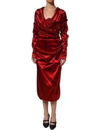 Dolce & Gabbana Womens Red Silk Satin Draped Midi Floral Applique Dress Elastane