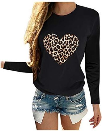 Generic T-Shirt Femme Ete - Imprimé Manches Léopard en Forme de Coeur Col Décontracté Longues Femmes O Haut Chemisier pour Femmes Blouse de Pharmacie