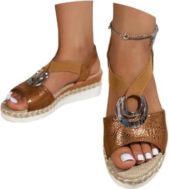 Generic Sandales compens&eacute;es pour femme Uk2026, soutien de la vo&ucirc;te plantaire, bout ouvert, sangle de cheville, sandales &agrave; enfiler, d&eacute;coration en m&eacute;tal, chauss