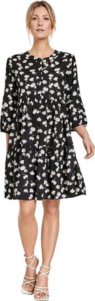 Taifun Damen A-Linien-Kleid mit Gänseblümchen EcoVero 3/4 Arm, elastischer Ärmelsaum floral kurz Schwarz Gemustert 38
