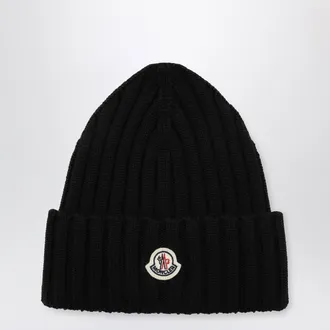 Moncler Schwarze Zopfmuster-Beanie aus Wolle mit Logo