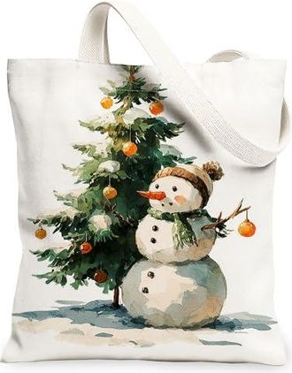 Generic Sacs fourre-tout fantaisistes en toile, motif bonhomme de neige festif et arbre, sacs de courses r&eacute;utilisables, toile l&eacute;g&egrave;re et lavable pour salle de 