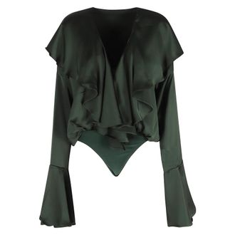 Norma Kamali Lang&auml;rmliger Bodysuit mit tiefem V-Ausschnitt und R&uuml;schen - - Tops - Damen - Gr&uuml;n - XS