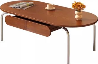 Generic Wohnzimmertische Oval Retro Walnussfarbe Eiche Couchtisch mit Geräuscharmen Doppelschubladen Edelstahlbeine Abgerundete Ecken Stubentisch für Wohnzimm