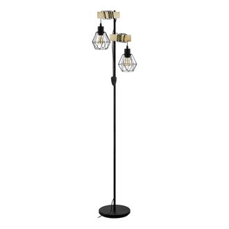 Eglo Stehlampe Townshend 5, 2 flammige Vintage Stehleuchte im Industrial Design, Retro Standleuchte aus Stahl und Holz, Farbe Schwarz, braun, Fassung E27, 