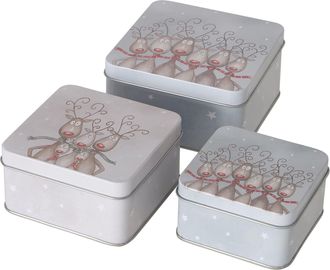 Boltze 3tlg Set Geschenkdose Magnus I 9cm, 11cm & 22cm I Rentier-Dekor mit Sternen I eckige Aufbewahrungs-Dose, Vorratsdose, Metall-Box, Schmuckdosen I Weihn