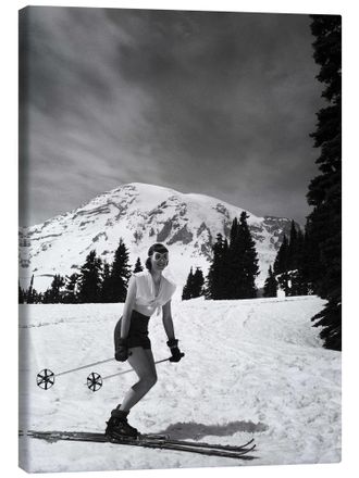 Posterlounge Skifahrerin im Schnee, Mount-Rainier-National Park, USA Leinwandbild von Vintage Ski Collection 50 x 70 cm Schwarz-Wei&szlig; Wandbilder Wanddeko