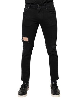 Dolce & Gabbana Mens Black Cotton Tattered Skinny Denim Logo Jeans Elastane Clothing