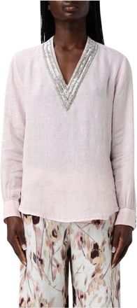 120% Lino Femme, Blouses et Chemises, Rose, Taille: 40 FR Haut en lin perlé à col en V
