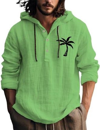 Generic Chemise en lin pour homme - Coton et lin - Sweat &agrave; capuche - Manches longues - Chemise d&eacute;t&eacute; &agrave; manches longues - Avec capuche - Boutonni&egrave;re - Couleur u