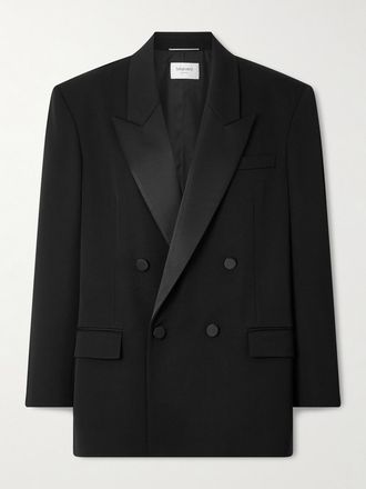 Saint Laurent Doppelreihiger Blazer Aus Grain De Poudre Aus Wolle Mit Satinbes&auml;tzen - Schwarz