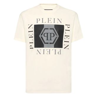 Philipp Plein Homme, Tops, Beige, Taille: 4XL T-shirt Col Rond Manches Courtes Hexagone