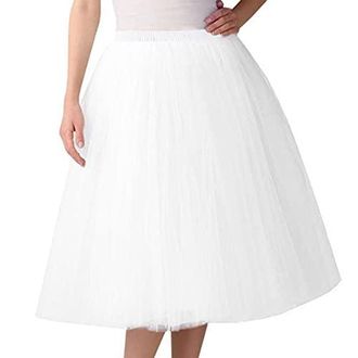 Generic Jupe en tulle pour femme - Taille &eacute;lastique - Jupe d&eacute;t&eacute; &eacute;l&eacute;gante - Couleur unie - Opaque - Jupe en tulle bouffante - Jupe midi rockabilly - Longueur g