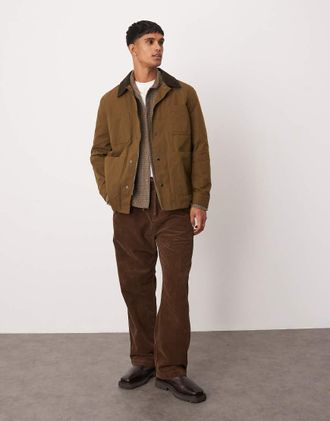 Mango Gewachste Jacke in Khaki mit Kontrastkragen und Knopfleiste-Gr&uuml;n
