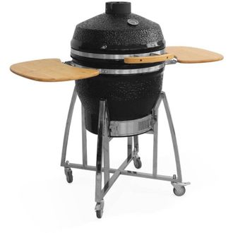 Sweeek Barbecue charbon en c&eacute;ramique. Kamado &Oslash; 57cm. avec chariot. garde au chaud. r&eacute;cup&eacute;rateur de cendre et housse. tablettes r&eacute;tractables