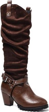 Generic Bottes Hautes Pour Femmes, Talon Bloc De 7 Cm Élégantes Chaussures À Enfiler Avec Boucles Rivets Bottes Dhiver Grandes Tailles Bout Rond Bottes Montan