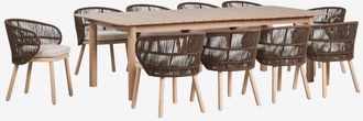 Sklum Set aus rechteckigem Tisch 250-310x105 cm ausziehbar Duala und 10 Esszimmerst&uuml;hle aus Akazienholz und geflochtener Capri-Schnur Braun Choco