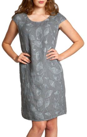 CASPAR Fashion Sommerkleid SKL031 knielanges Damen Sommer Leinenkleid mit Ginko Blatt Stickmuster Luftig leicht, figurumspielende Form, mit seitlichem Jersey-Einsatz