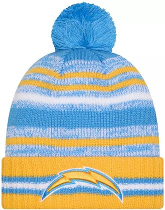 New Era Los Angeles Chargers Sideline Sport Gold gestreifte Fu&szlig;ball-Strickm&uuml;tze mit Bommel - NFL Cheer Cuff Knit Cap