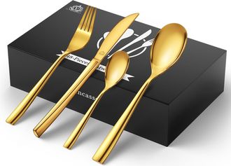 VANCASSO Besteck Set 12 Personen, Besteck Set 18/10 Gold Besteckset mit Messer/Gabel/Löffel/Dessertlöffel, 48-pcs Goldenes Besteck Poliert mit Geschenkbox, Mod