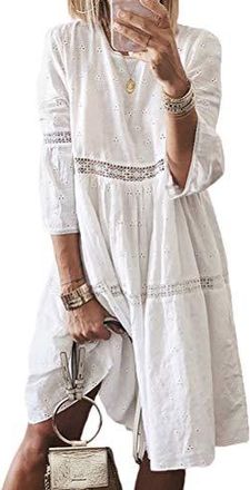 Minetom Robe de Soir&eacute;e Femme Chic Dentelle &agrave; Fleurs Broderie Manche 3/4 Robes Cocktail &Eacute;l&eacute;gant Col Rond Grande Taille Dress Blanc 48