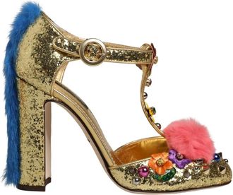 Dolce & Gabbana Femme, Chaussures, Multicolore, Taille: 37 1/2 EU Sandales &agrave; bride en T Vally &agrave; garniture en fourrure