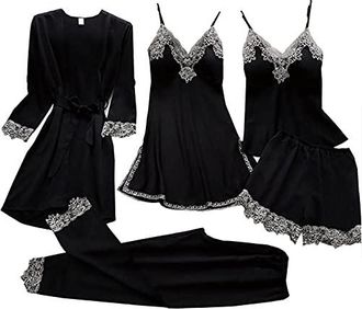 Generic Ensemble de pyjama 5 pièces en satin et dentelle pour femme avec peignoir, Noir, XL