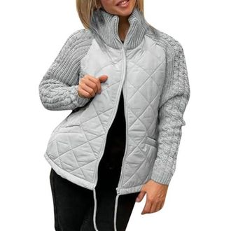 Generic Veste bouffante en tricot patchwork pour femme - Fermeture &eacute;clair - Manches longues - Chaud - Col matelass&eacute;, gris, XXL