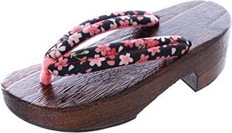 Kawaii-Story K-G-62-1 Sandale rose noir Sakura fleurs bois naturel original japonais Geta Tabi Kimono Geisha Tongs, multicolore, 38 EU