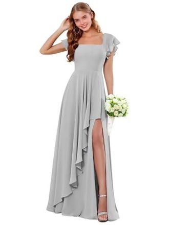 Generic Robe de demoiselle dhonneur à manches courtes en mousseline de soie avec fente et col carré à volants Robe de soirée formelle, Argenté., 46 Grande tai