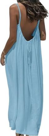 Generic Robe caraco longue sans manches pour femme - Dos nu - Robe d&eacute;t&eacute; fluide - Pour le salon, la maison, les vacances, la plage - Avec noeud dans le dos, bl