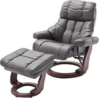 Robas Lund Relaxsessel Calgary XXL mit Hocker, bis 180 kg belastbar, Echtleder schlammfarben, Gestell Holz walnuss