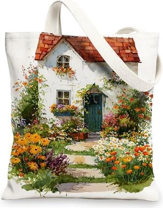 Generic Sac fourre-tout vintage en toile motif floral, beau motif maison, jardin, sacs de courses réutilisables, légers et lavables avec bandoulière, blanc, 1