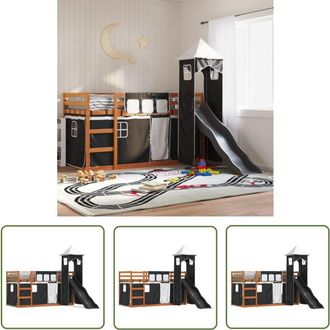 vidaXL Etagenbett mit Rutsche und Gardinen Wei&szlig; und Schwarz 90x200 cm - Kinderhochbett - Holzbett - Etagenbett - Hochbett Mit Rutsche - Jugendzimmerm&ouml;bel