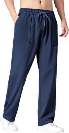 Generic Pantalon d&eacute;t&eacute; en coton et lin pour homme - Pantalon dentra&icirc;nement d&eacute;contract&eacute; - Pantalon fin et droit - Respirant, bleu marine, XXL