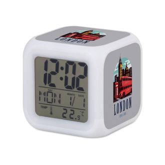 Fabulous Wecker W&uuml;rfel beleuchtet grau - London England Illustration London England Big Ben Westminster - 7,8 x 7,8 x 7,8 cm - Retro Beleuchtung Mehrfarbig LED