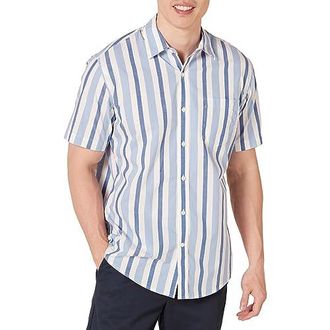 Amazon Essentials Chemise en Popeline à Manches Courtes Coupe Régulière Homme, Bleu Blanc Rayures, M