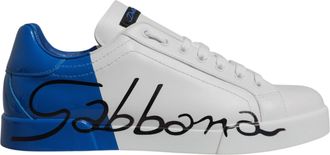 Dolce & Gabbana Wei&szlig;e Blaue Leder Logo Niedrigschnitt Sneaker Schuhe